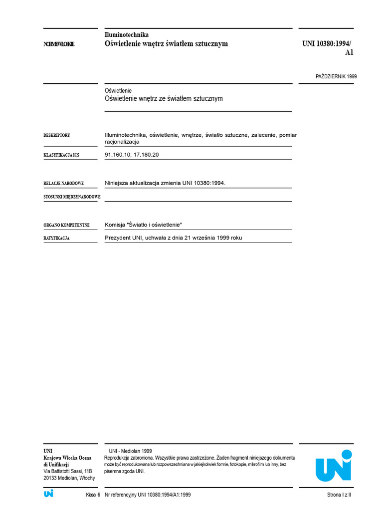 Normy Uni 10380 - Oświetlenie Wnętrz Ze Światłem Sztucznym 1999 | PDF