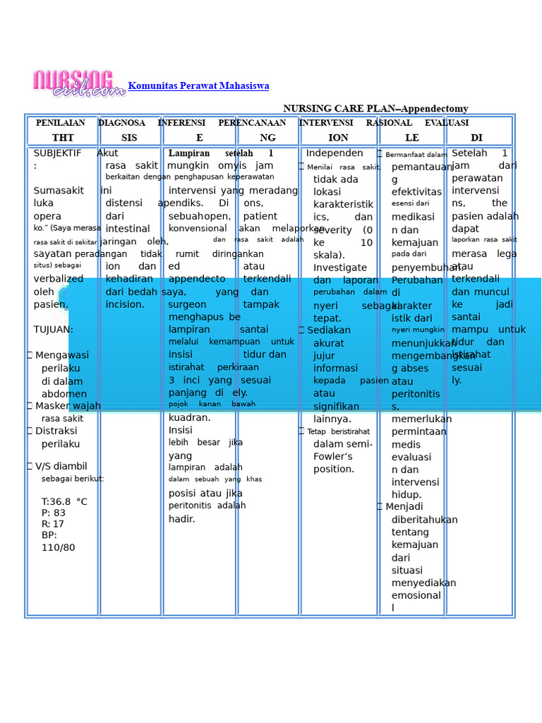 Rencana Perawatan Keperawatan untuk Apendektomi - RPK | PDF