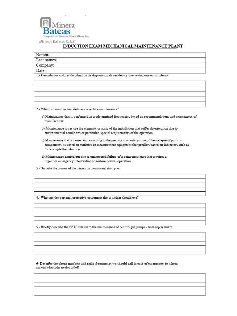 Mechanical Maintenance Induction Exam | PDF