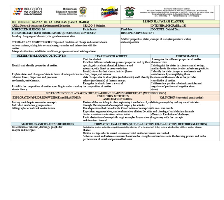 CHEMISTRY 9th Grade Lesson Plan | PDF | Matter | Chemistry