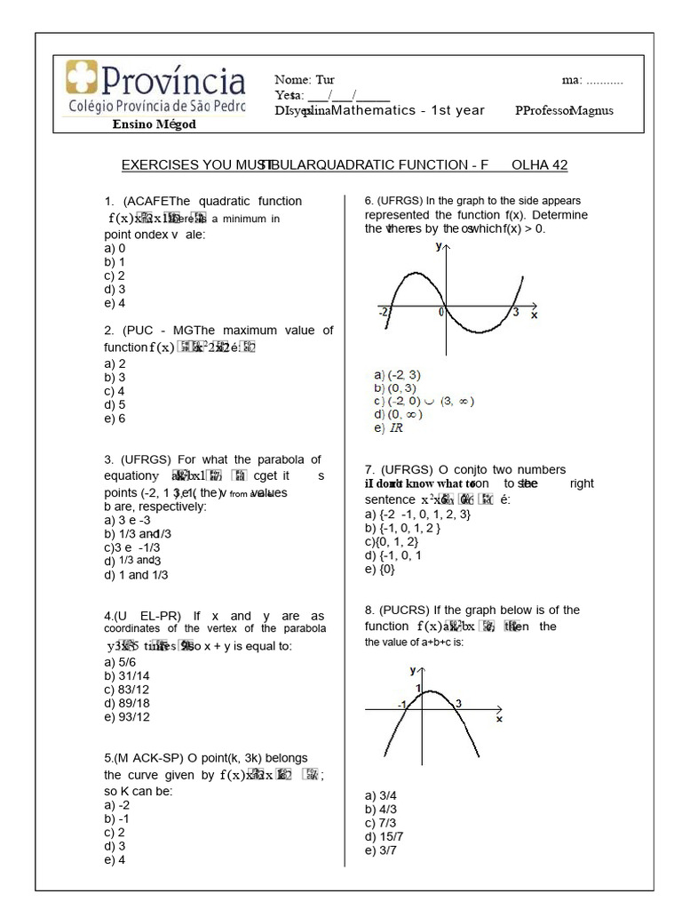 Quadratic Function Exercises for Students | PDF