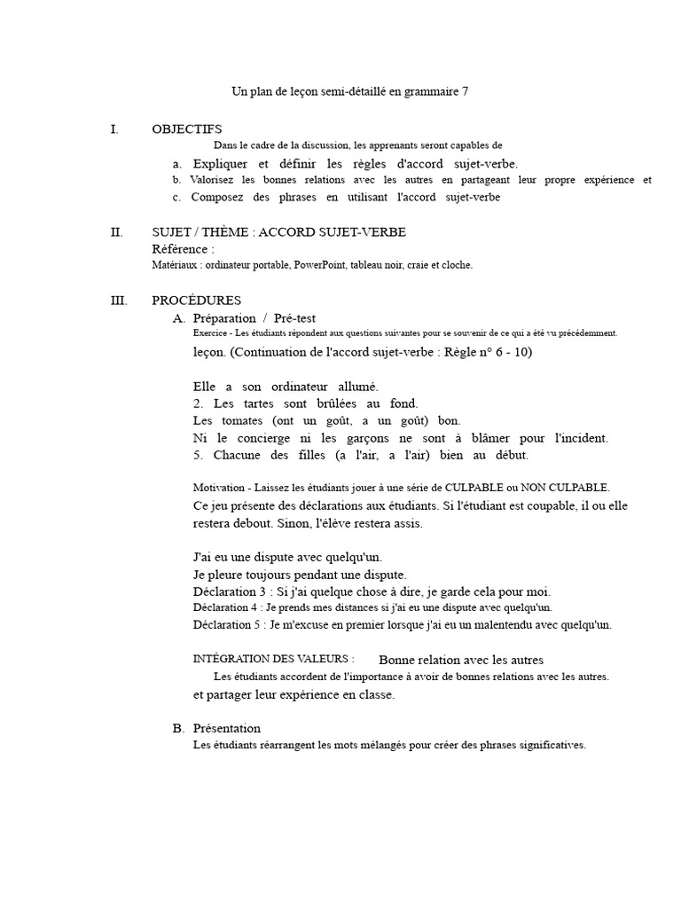 Plan de leçon : Accord sujet-verbe 7 | PDF