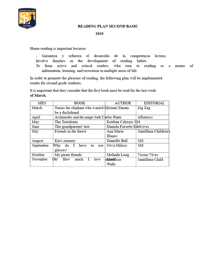 Reading Plan Second Grade 2019 | PDF