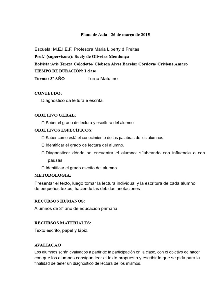 Plan de Clase - Actividad de Lectura y Escritura | PDF