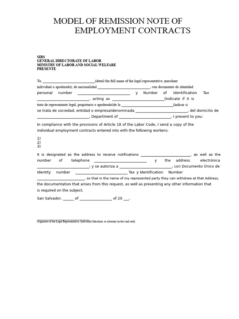 Employment Contract Remission Note Template | PDF