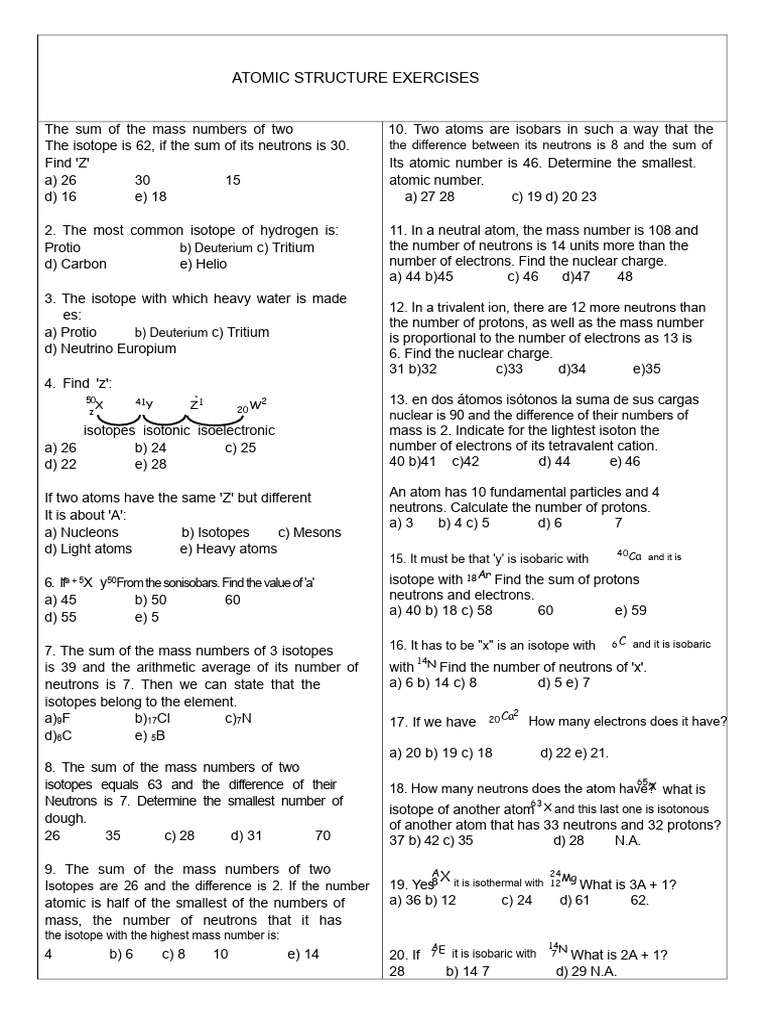 Atomic Structure Exercises and Solutions | PDF | Isotope | Atoms