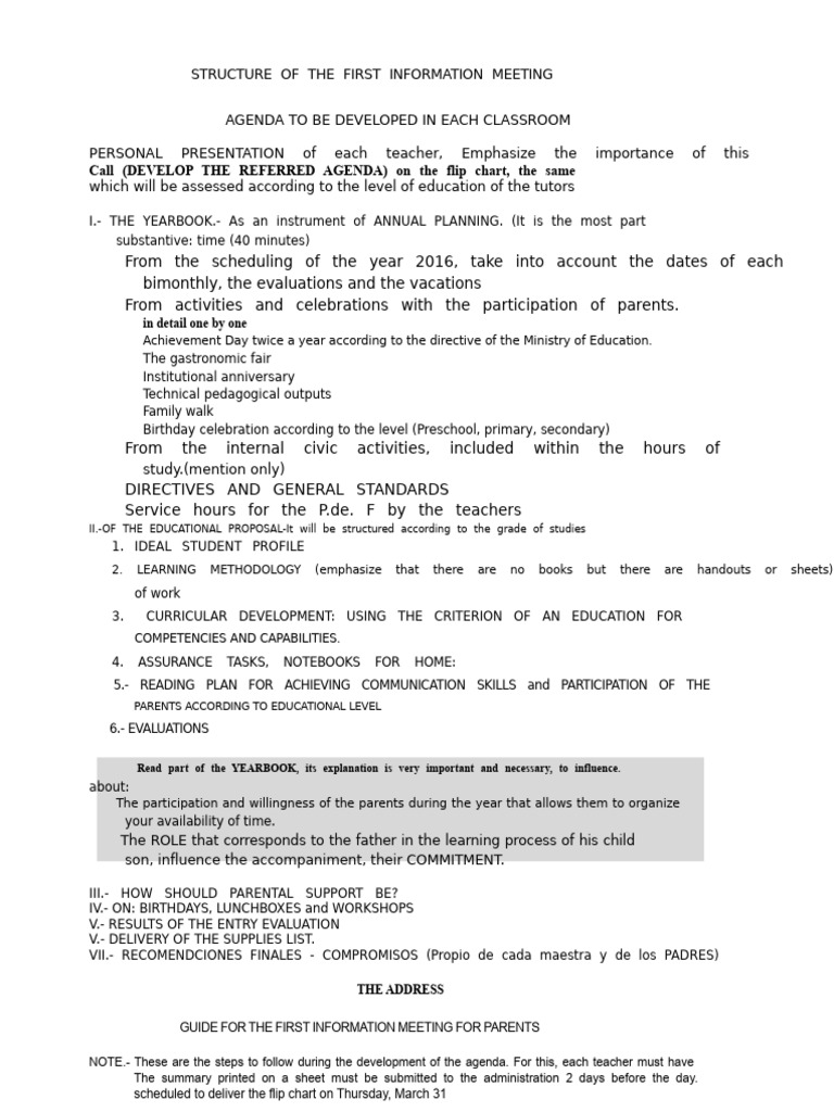 A Structure of the First Parents' Meeting of the Teaching Staff | PDF ...
