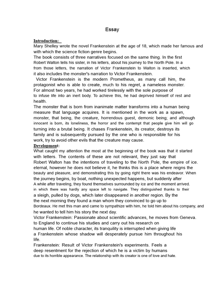 Essay On The Book Frankenstein | PDF | Frankenstein