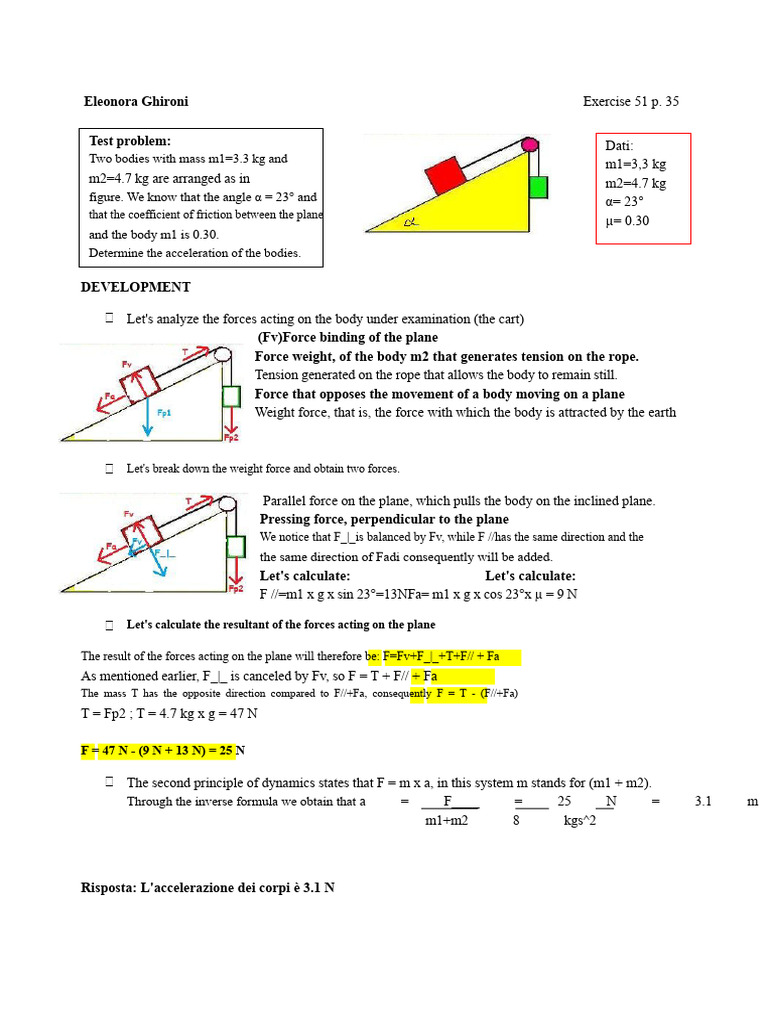 Problem of the second principle of dynamics, inclined plane. | PDF ...