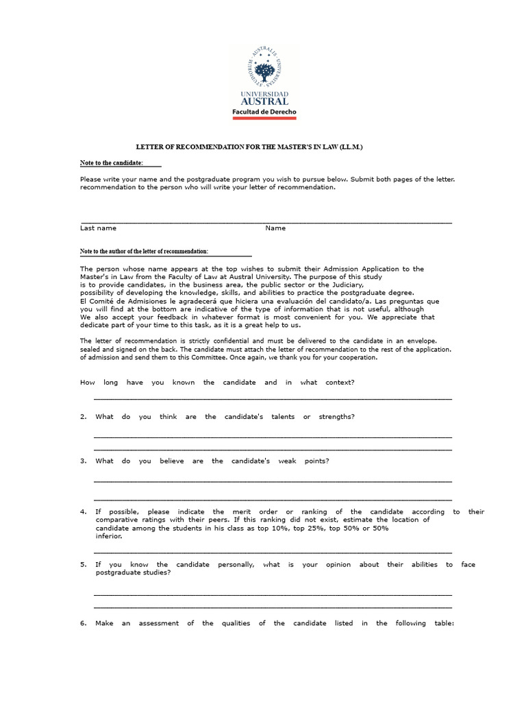 Recommendation Letter Template University Austral | PDF | Postgraduate ...