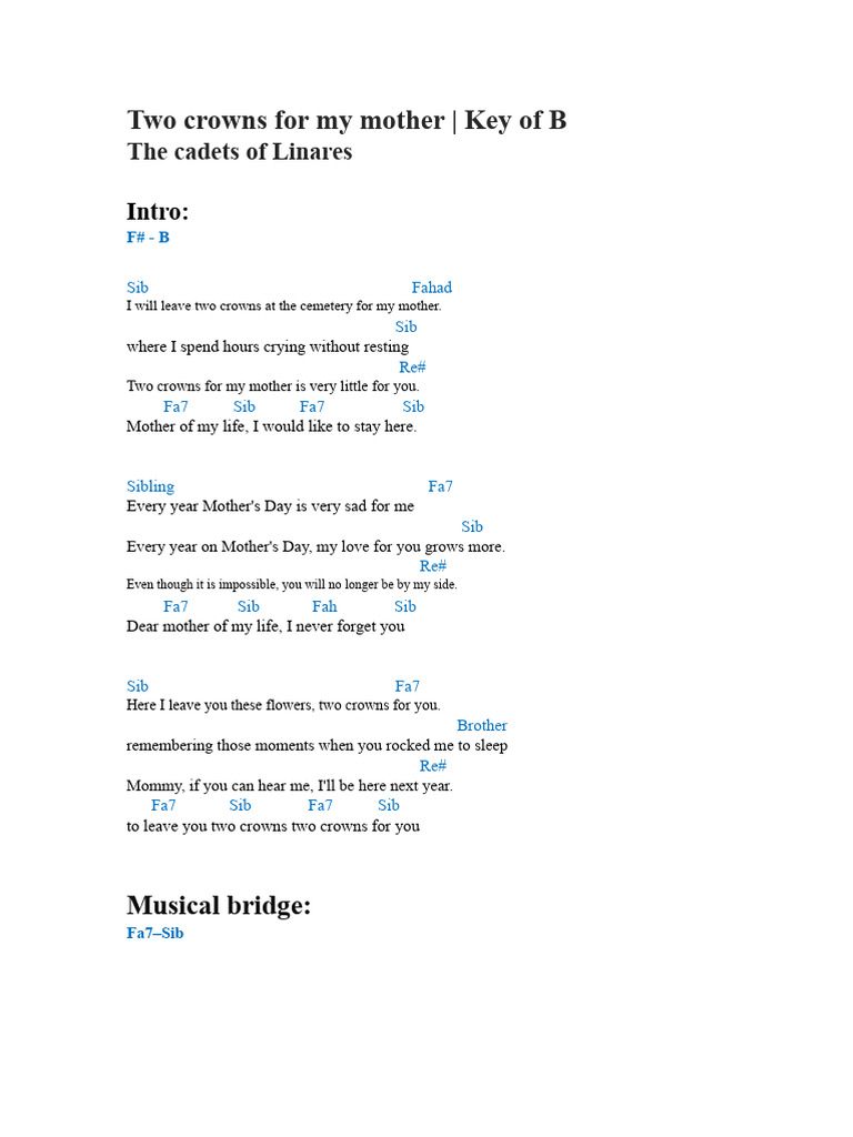 Two Crowns for My Mother - Song Lyrics | PDF