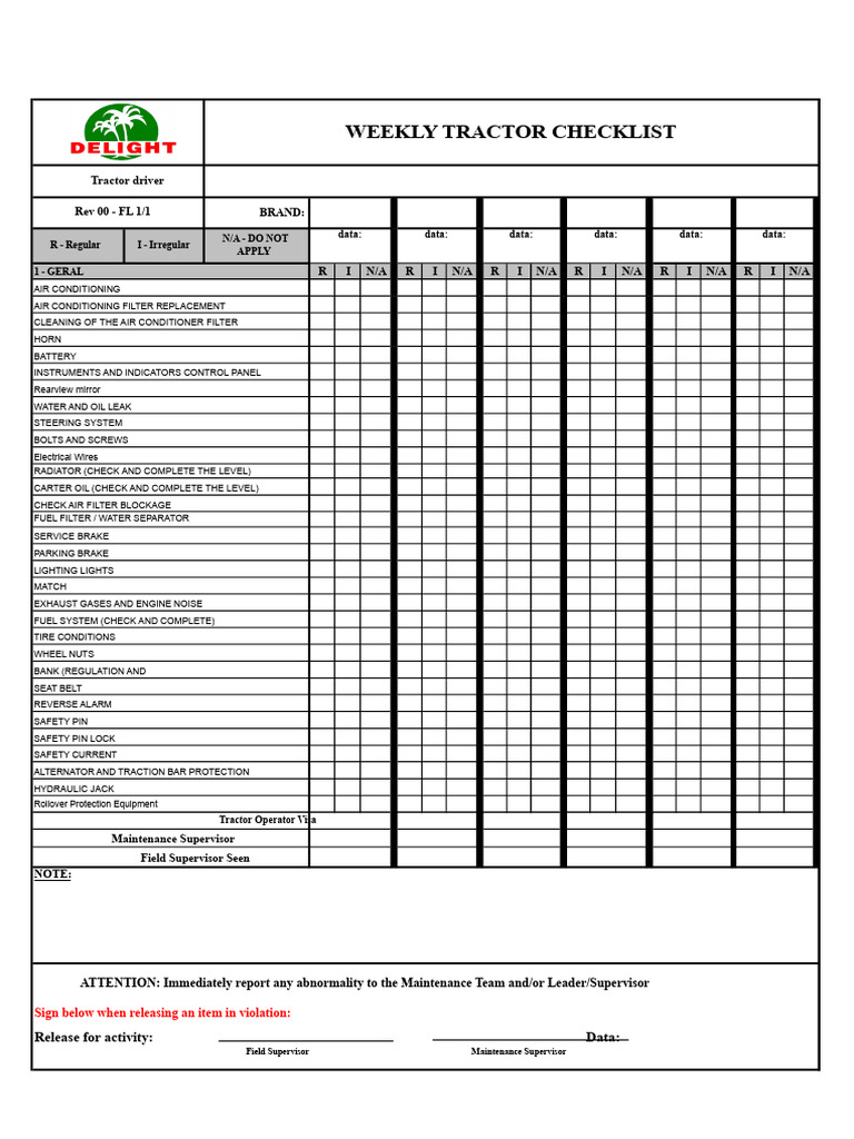 Weekly Tractor Maintenance Checklist | PDF