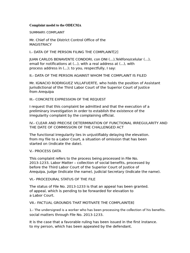 Complaint Model To The ODECMA | PDF | Crimes | Crime & Violence