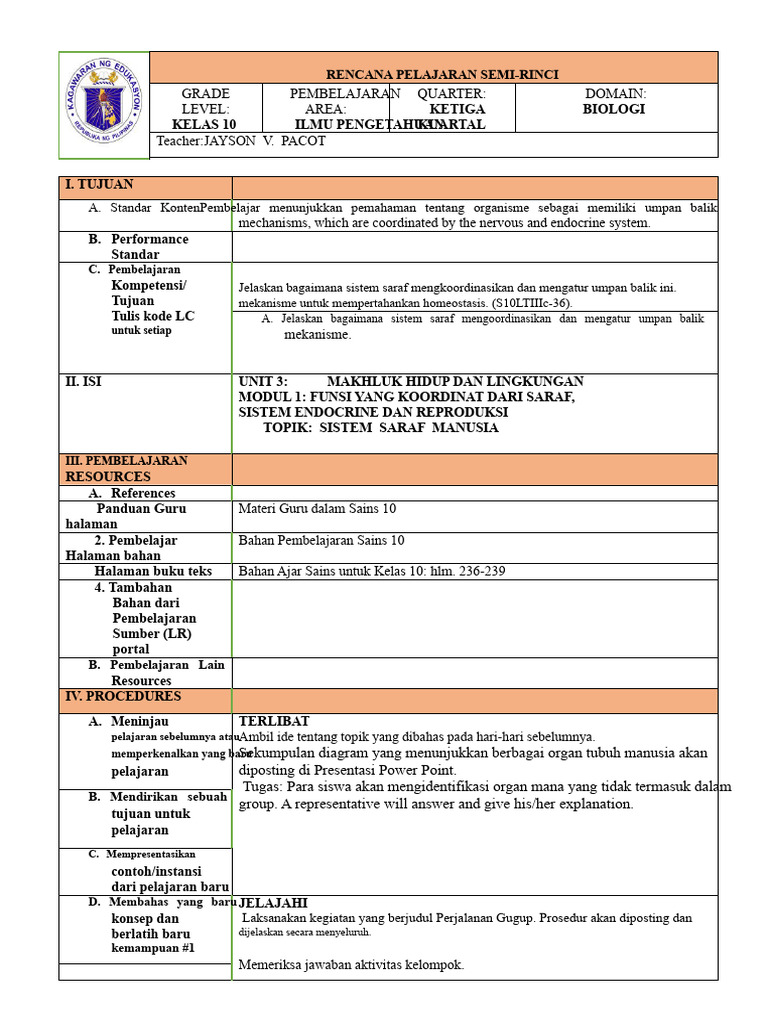 format DLP Semi-Rinci contoh | PDF
