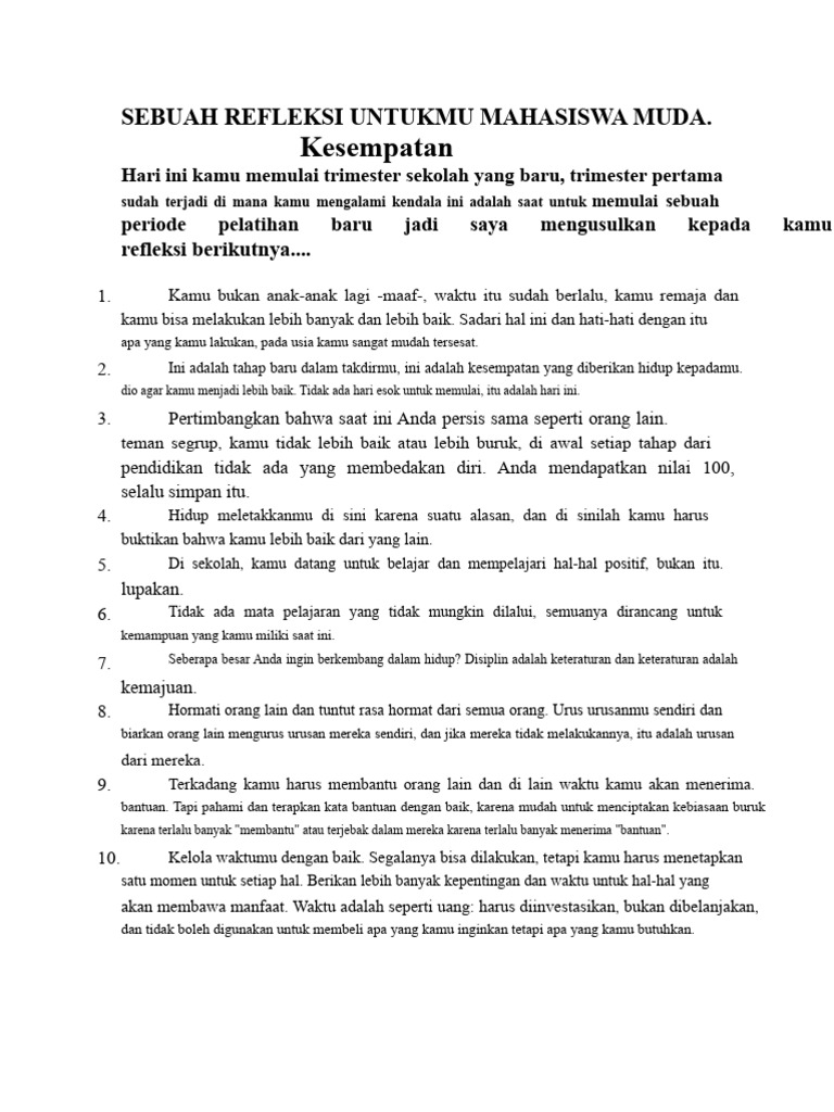 SEBUAH REFLEKSI UNTUKMU MAHASISWA JONG | PDF
