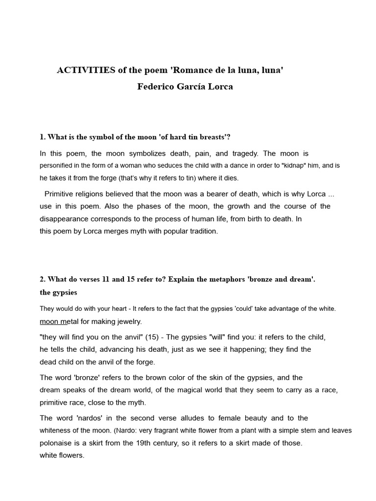 Activities of The Romance of The Moon, Moon by Federico García Lorca ...