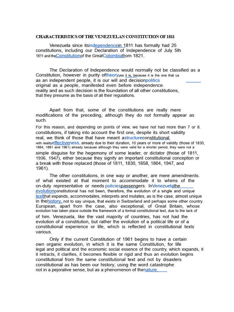 Characteristics of the Venezuelan Constitution from 1811 to Today | PDF ...