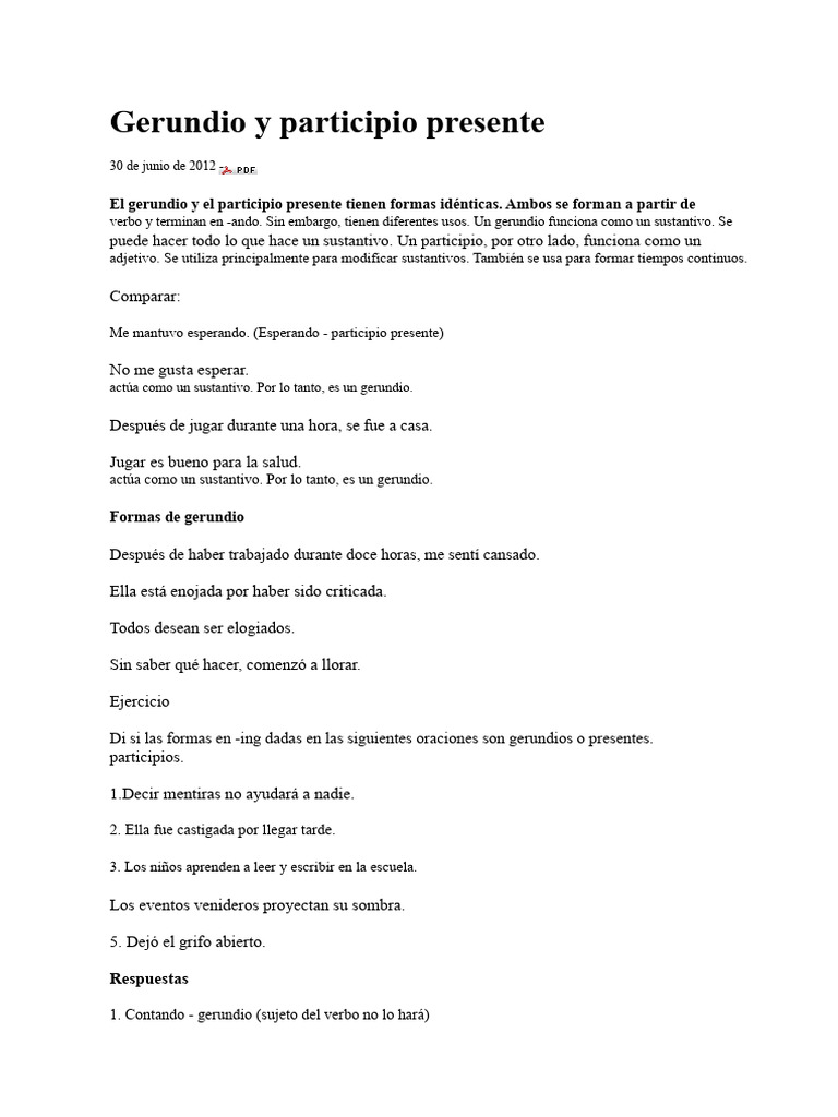 Gerundio vs. Participio Presente: Usos | PDF
