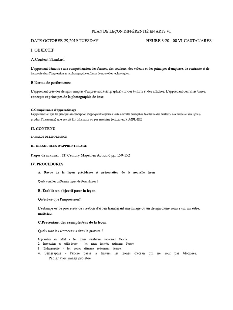 Plan de leçon sur l'impression et la sérigraphie | PDF | Impression ...