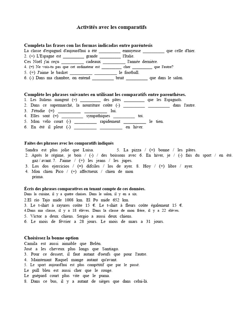 Activités sur les comparatifs en français | PDF