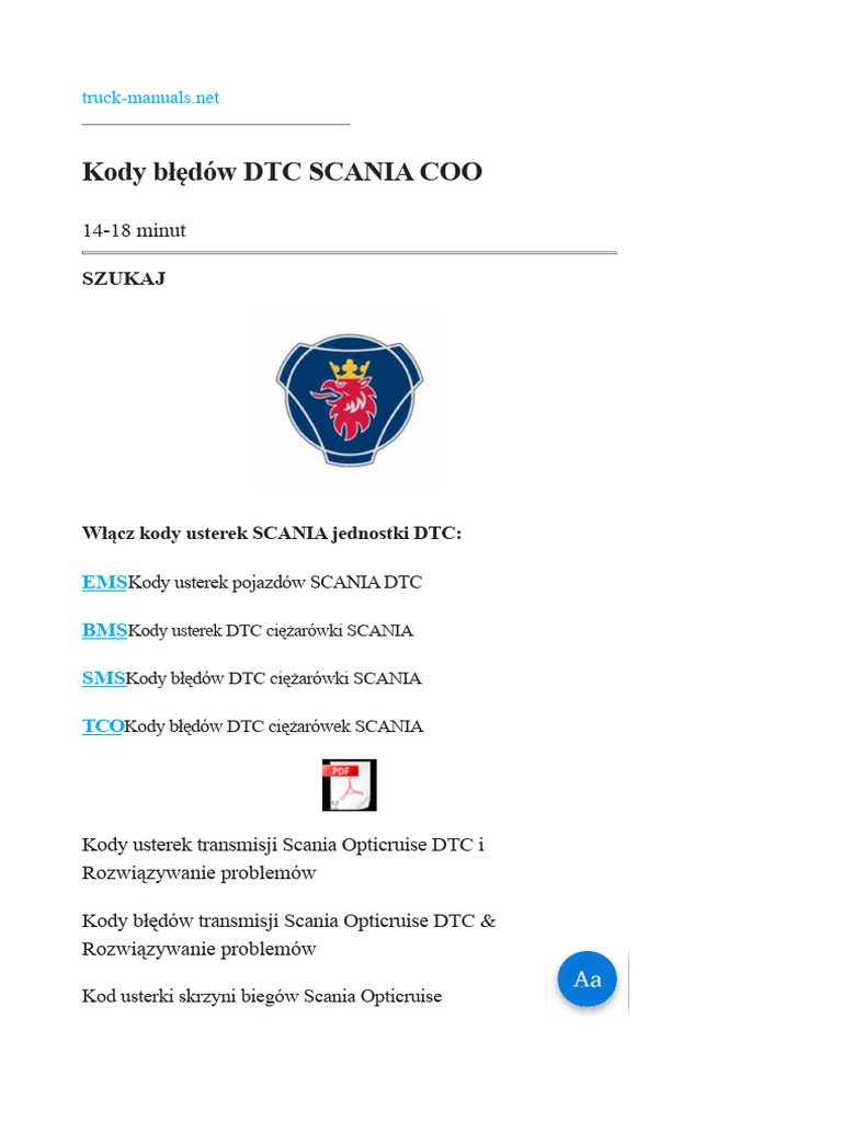 Kody Usterek SCANIA COO DTC-1 | PDF