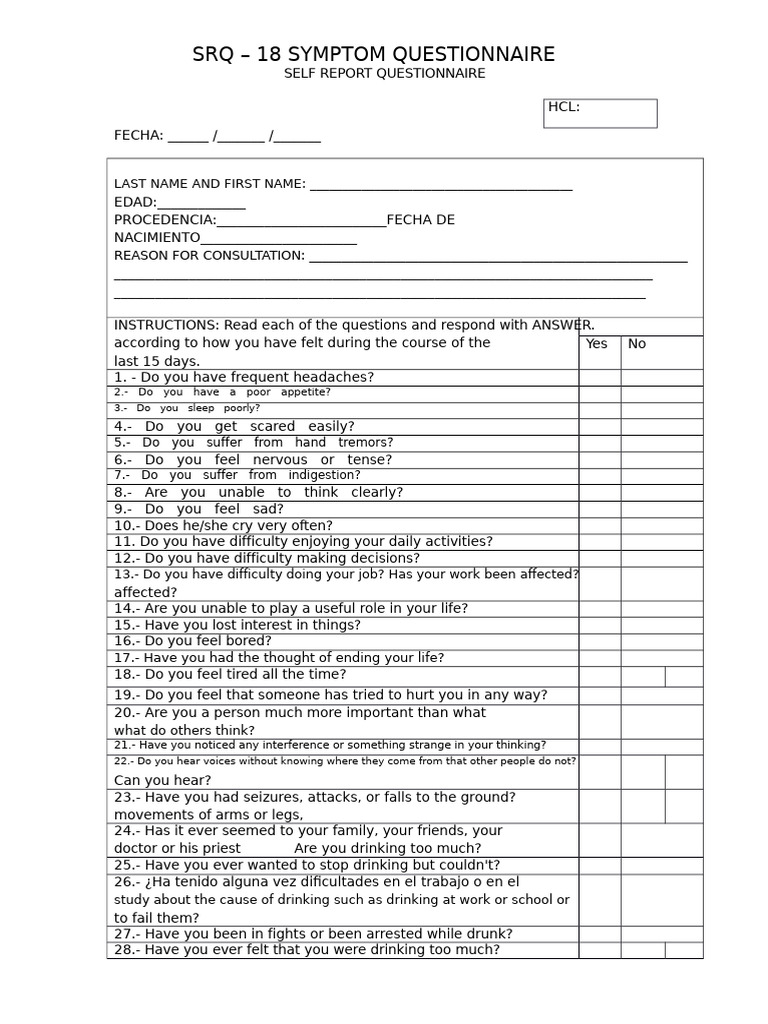 SRQ Symptom Questionnaire | PDF | Diseases And Disorders | Symptoms And ...
