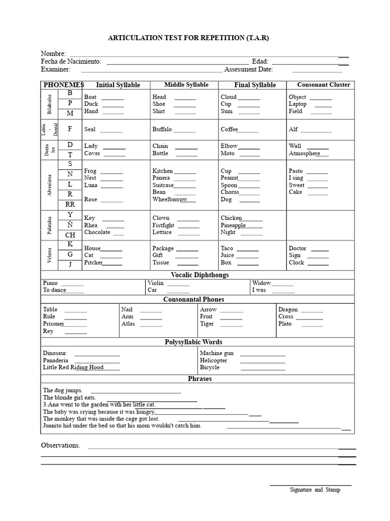 Articulation Test For Repetition | PDF | Syllable | Consonant