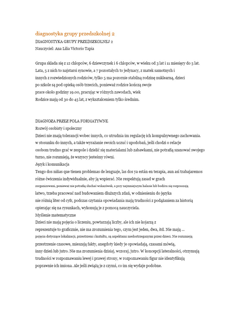 Diagnoza Grupy Przedszkolnej 2 | PDF
