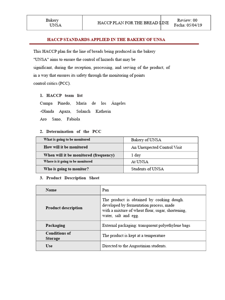 HACCP Plan for UNSA Bakery Bread Line | PDF | Bakery | Breads