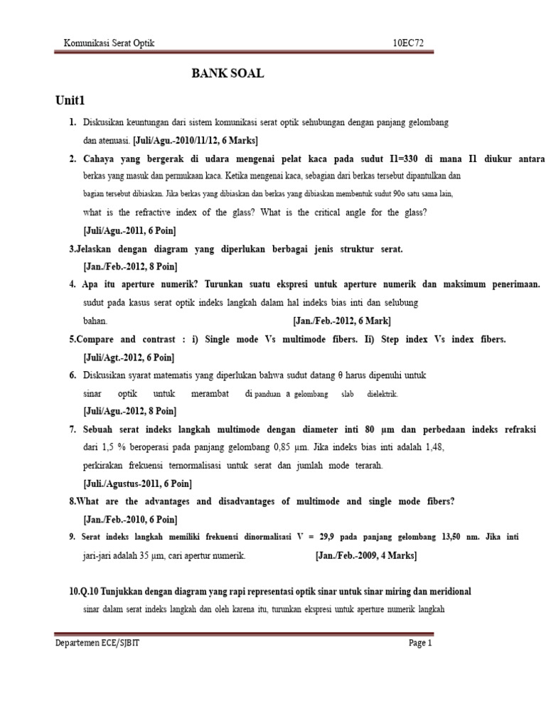 Ece Vii Komunikasi Serat Optik 10ec72 Soal Ujian | PDF