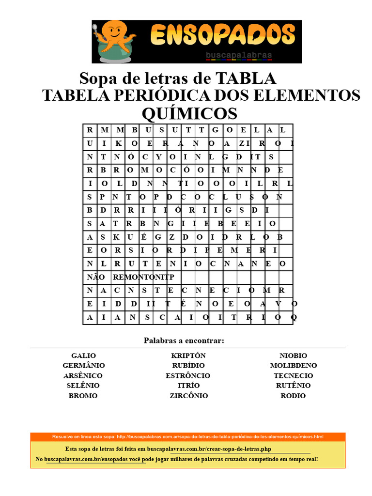 Sopa de Letras: Elementos Químicos | PDF | Tabela periódica | Ciências ...