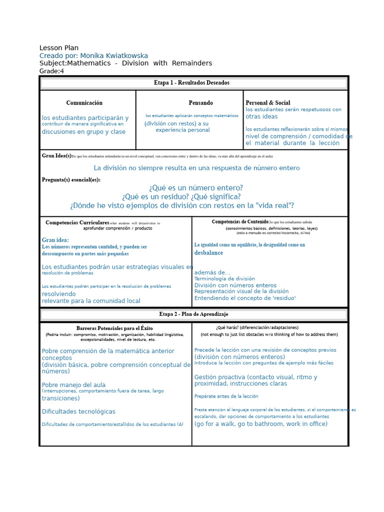 Plan de Lección: División con Restos 4° | PDF | Instrucción ...
