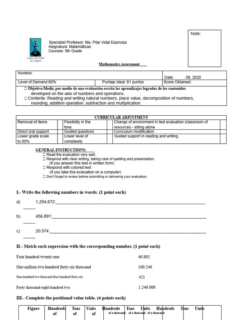 5th Grade Math Assessment Guide | PDF | Curriculum | Learning