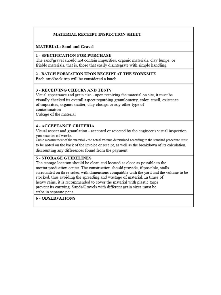 Inspection and Receiving Form - Sand and Gravel | PDF