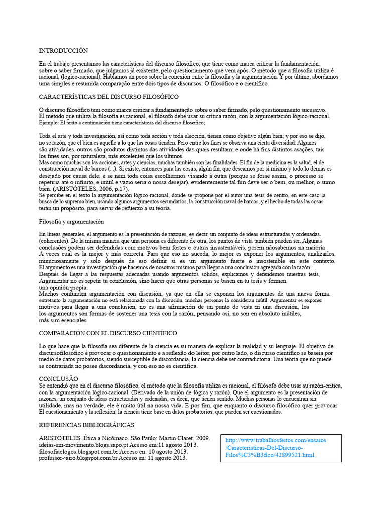 Características del Discurso Filosófico | PDF | Razón | Argumento