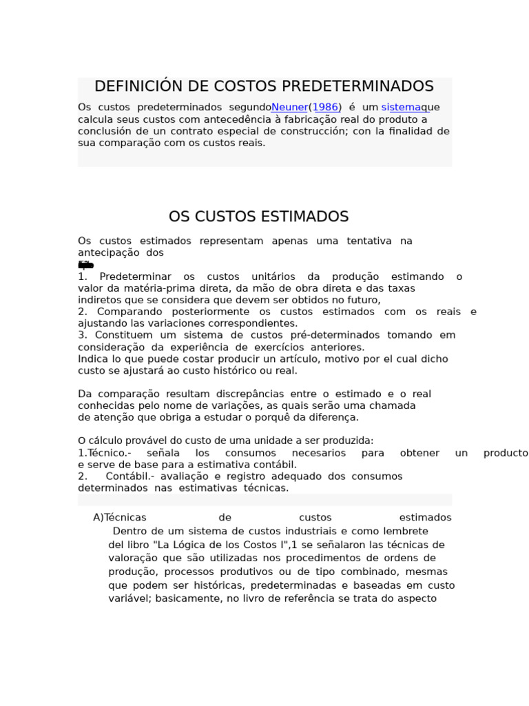 Custos Predeterminados e Estimados | PDF | Despesa | Contabilidade