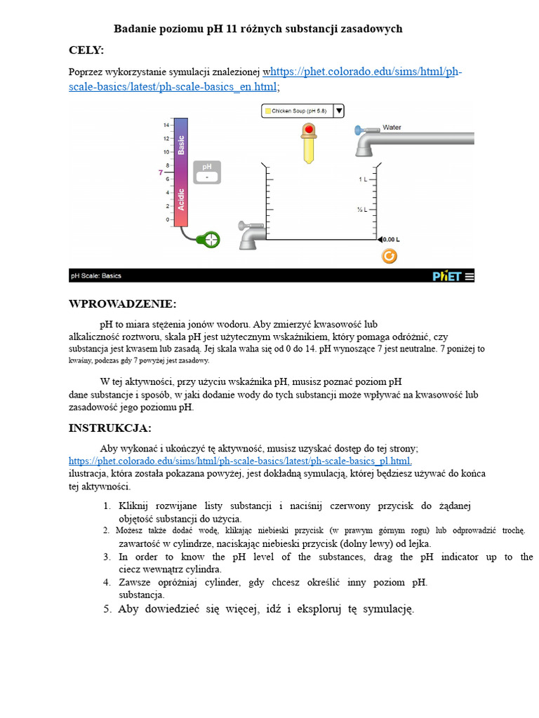 Badanie pH 11 podstawowych substancji w laboratorium Phet | PDF