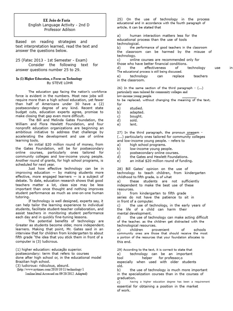 Reading and interpretation of text in English 2nd year of high school 2 ...