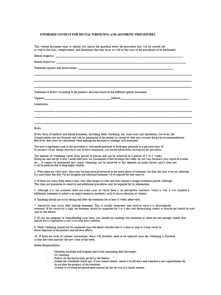 Informed Consent For Dental Whitening and Aesthetic Procedures | PDF ...