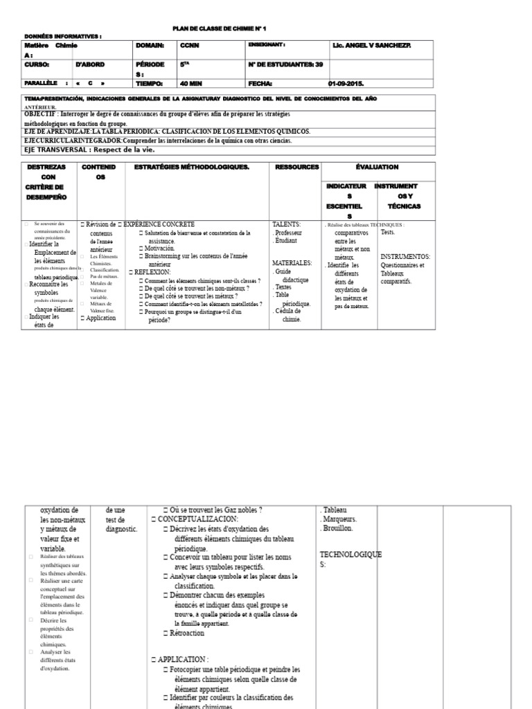 Plan de classe de chimie : présentation et objectifs | PDF | Tableau ...