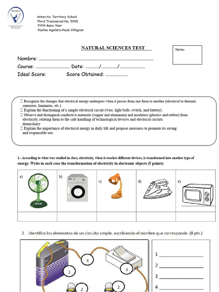Natural Sciences Test For 5th Grade | PDF | Electricity | Electric Current