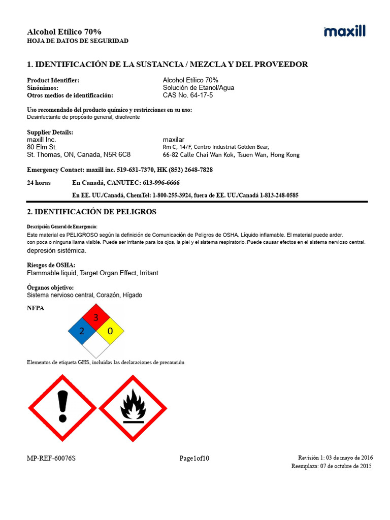 Hoja de Seguridad Alcohol Etílico 70% | PDF | Etanol | Agua
