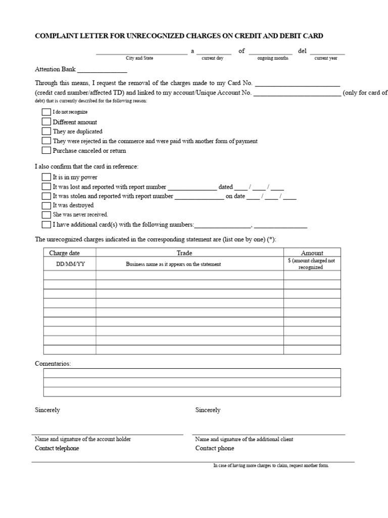 Complaint Letter for Unauthorized Charges | PDF