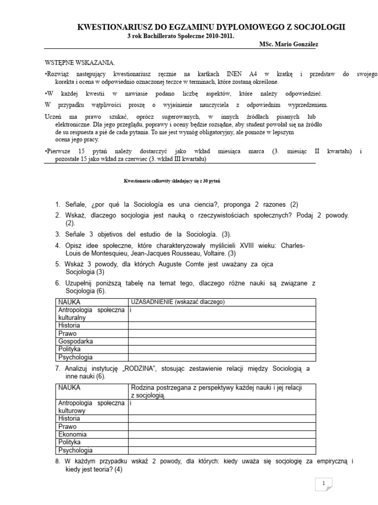 Kwestionariusz Socjologiczny | PDF