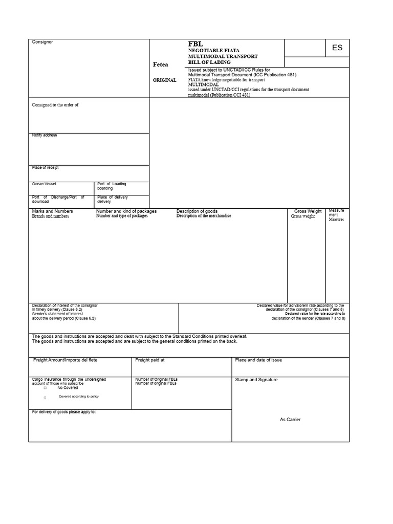 Fiata Bill of Lading FBL Model | PDF | Cargo | Bill Of Lading