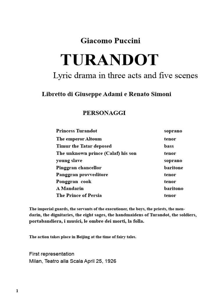 Turandot - Libretto | PDF | Adaptations Of Works | Opera