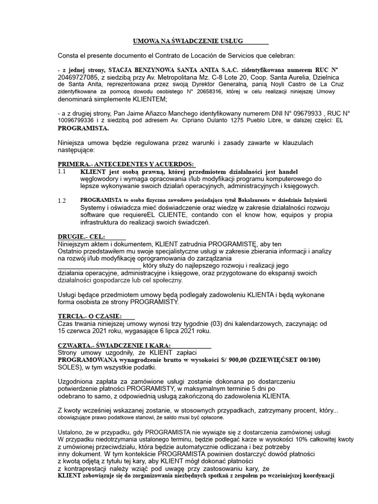 Umowa Na Świadczenie Usług - System Oprogramowania | PDF