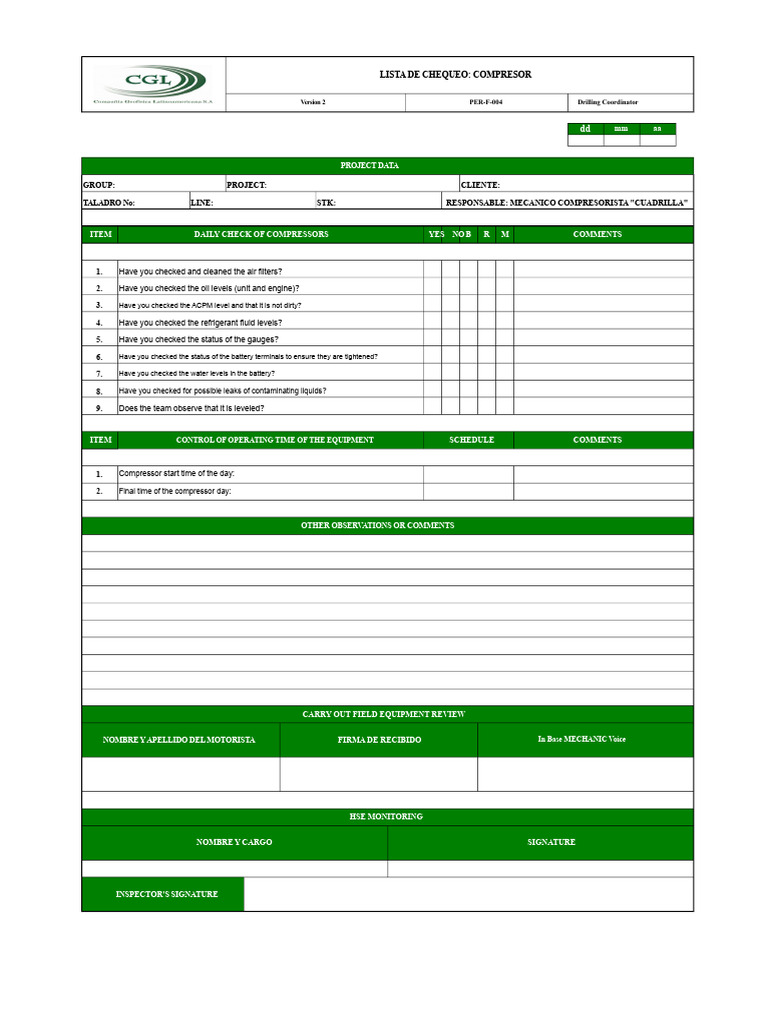 PER-F-004 Compressor Checklist | PDF