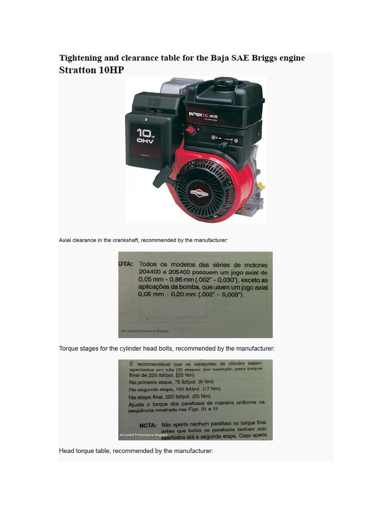Tightening and Clearance Table For The Baja SAE Briggs Engine | PDF