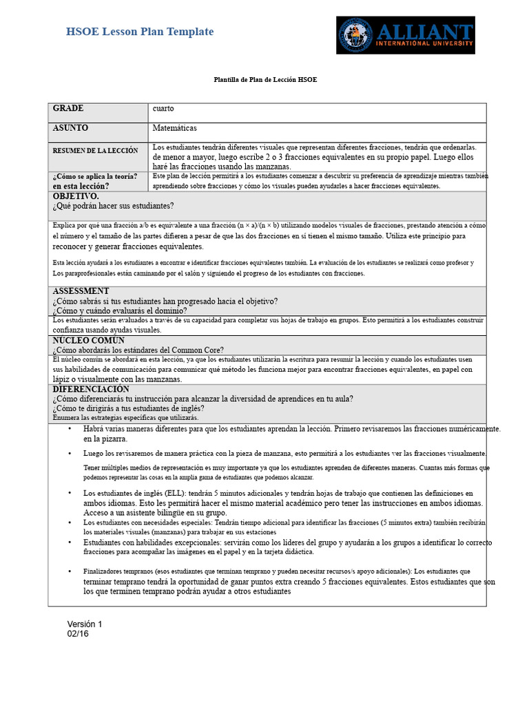 Plan de Lección de Alliant Hsoe Semana 1 Viernes | PDF | Aprendizaje ...